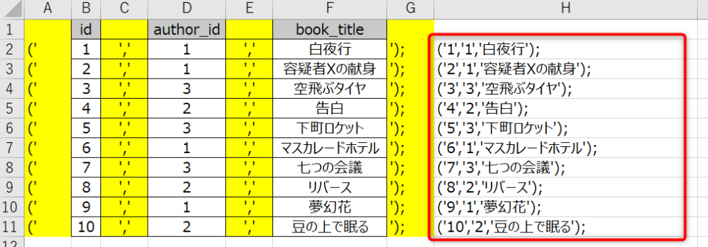 【mysql】excelシートのデータから一括でsql文を作成する方法|もりさんのプログラミング手帳